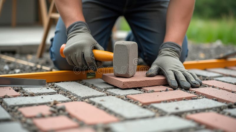 Construction Worker Installing Paving Stones in Outdoor Landscaping ...