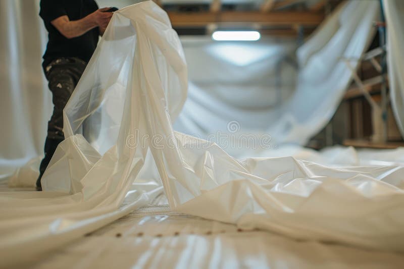 Construction Worker Installing Plastic Sheeting for Protection Stock ...