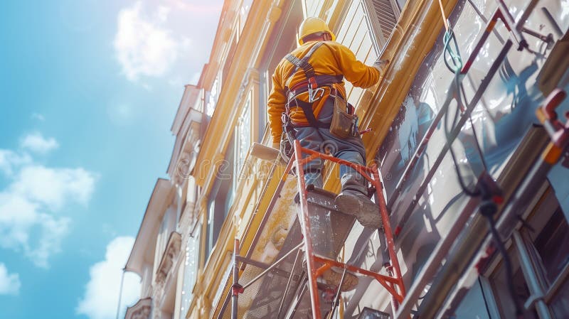 Construction Worker Installing Scaffolding on High-Rise Building in ...