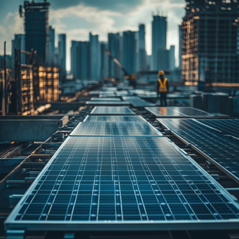 Construction Worker Installing Solar Panels on Urban Rooftop Stock ...