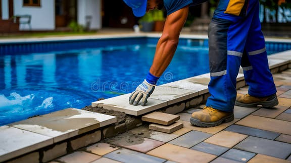 Construction Worker Installing Stone Coping Around a Swimming Pool on a ...