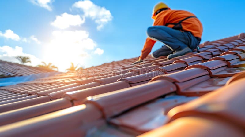 Construction Worker Installing Tile Roofing with Safety Gear at Sunset ...