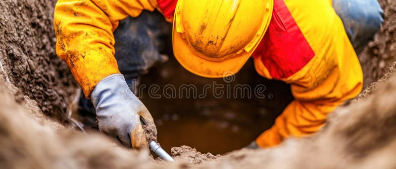 Construction Worker Installing Underground Utility Pipes Stock ...