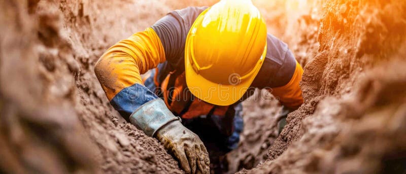 Construction Worker Installing Underground Utility Pipes Stock ...