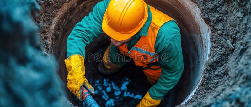 Construction Worker Installing Underground Utility Pipes Stock ...