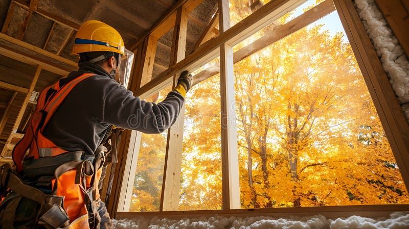 Construction Worker Installing Window in Autumn Scene Stock Photo ...