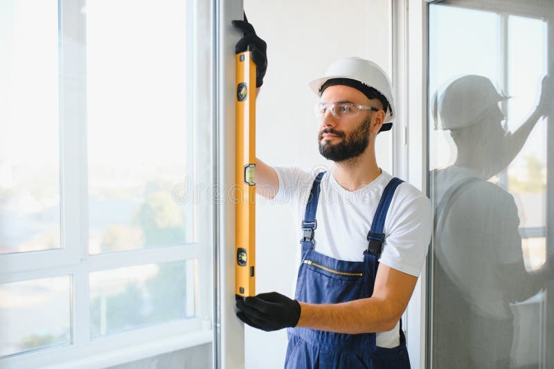 Construction Worker Installing Window in House Stock Photo - Image of ...