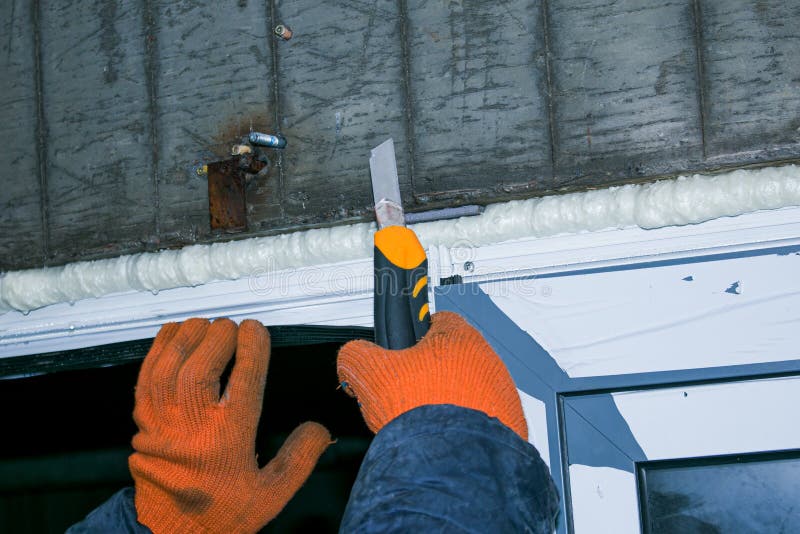 Construction Worker Installing Window in House. Stock Image - Image of ...