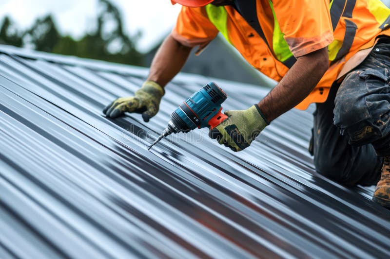 Roofer Using Power Drill Metal Sheet Roof Stock Photos - Free & Royalty ...