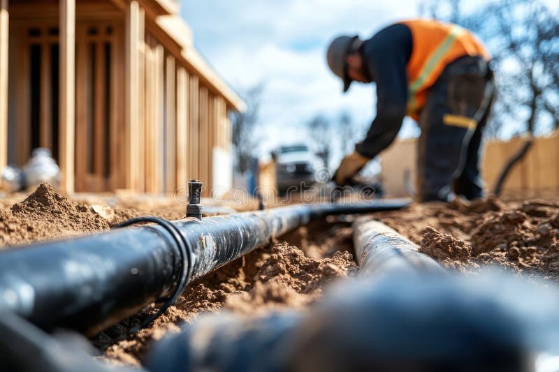 A Construction Worker Installs Pipes on a Building Site, Focusing on ...