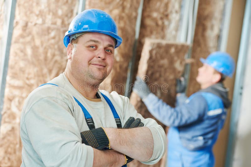 Construction Worker at Insulation Work Stock Image - Image of boss ...