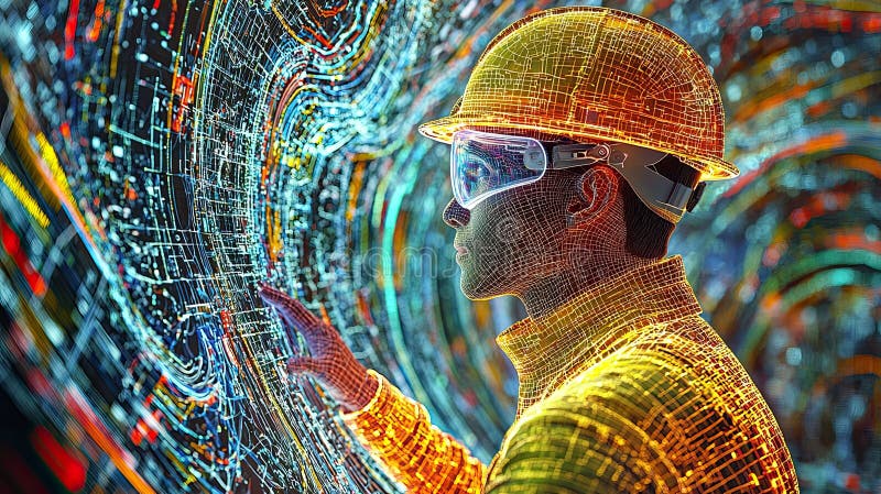 Construction Worker Interacts with Glowing Data Wall Generative AI ...