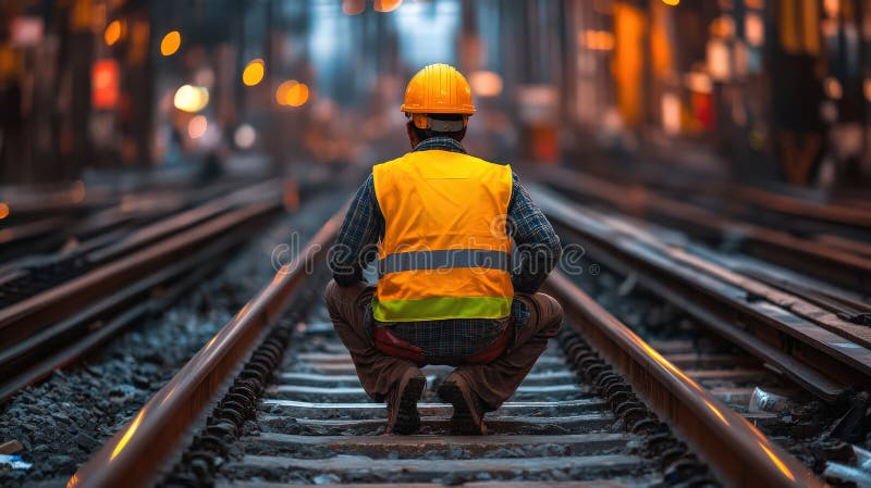 Construction Worker Inspects Railroad Tracks at Dusk while Wearing ...