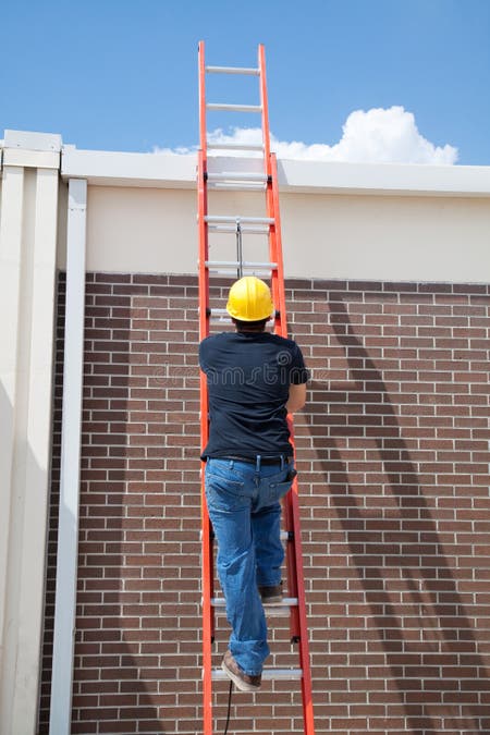 Construction Worker on Ladder Stock Photo - Image of equipment, ladder ...