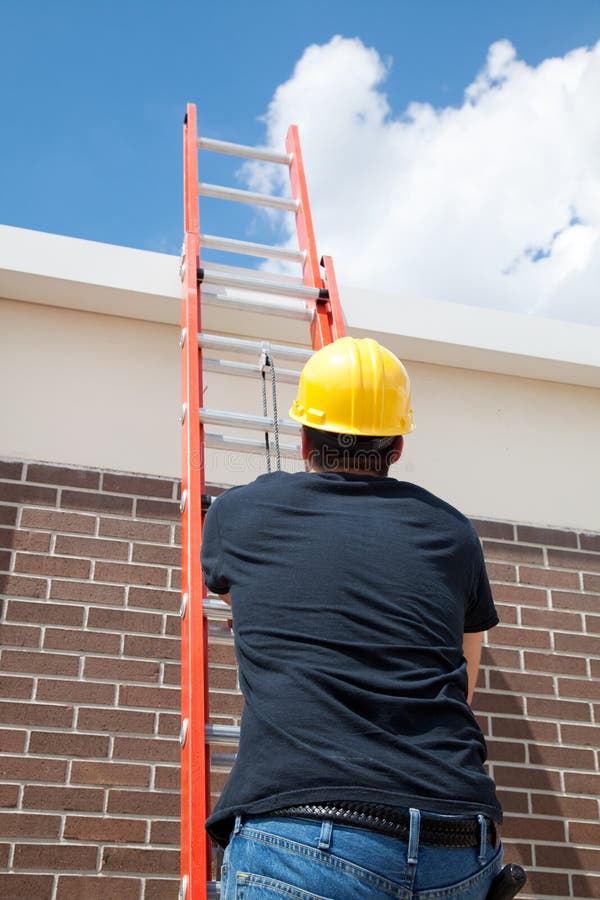 Construction Worker Climbs Ladder Stock Photo - Image of equipment ...