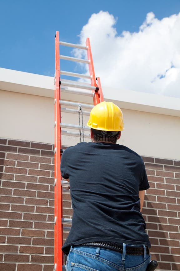 Construction Worker on Ladder Stock Image - Image of blue, electrician ...