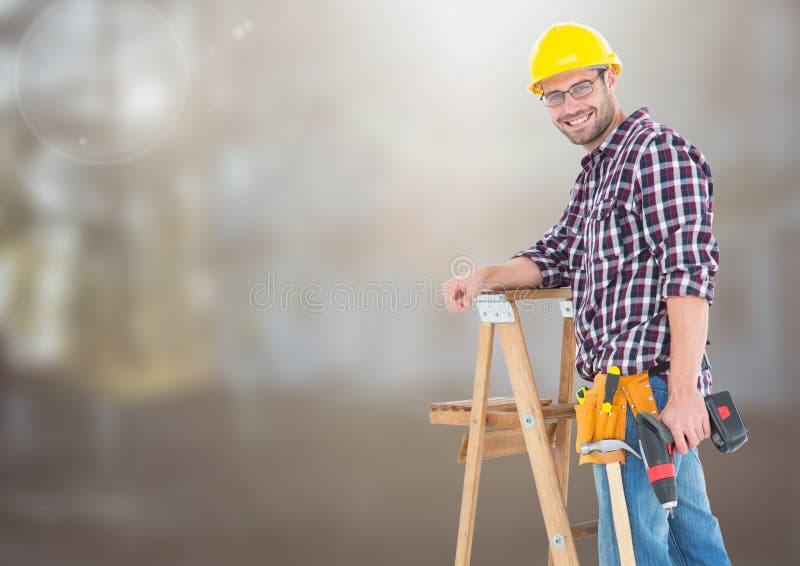 Construction Worker on Ladder in Front of Construction Site Stock Photo ...