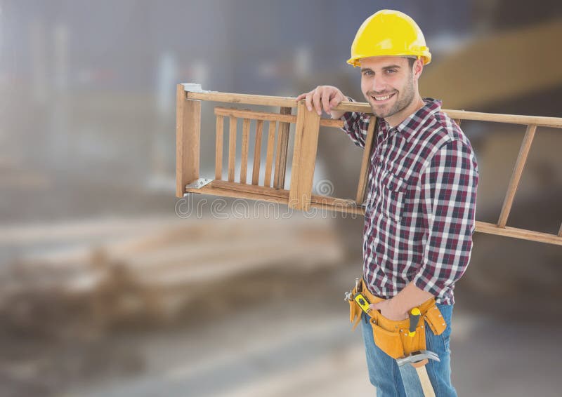 Construction Worker with Ladder in Front of Construction Site Stock ...