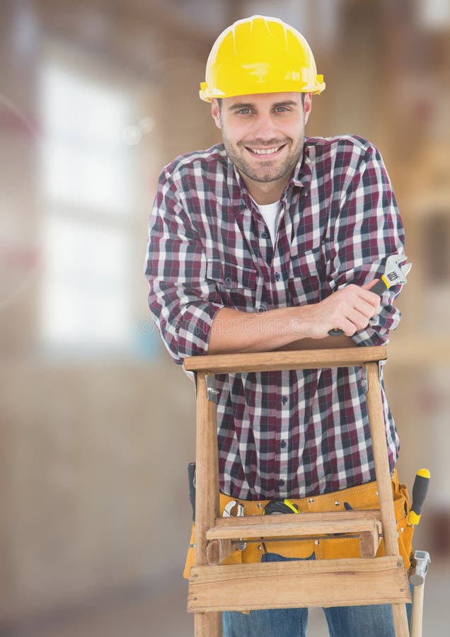 Construction Worker on Ladder in Front of Construction Site Stock Photo ...