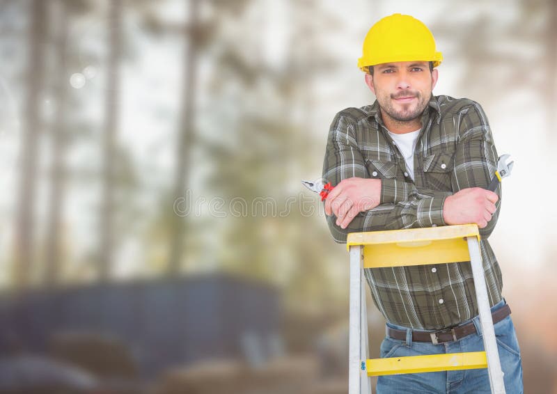 Construction Worker on Ladder in Front of Construction Site Stock Photo ...