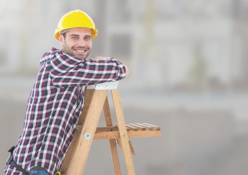 Construction Worker on Ladder in Front of Construction Site Stock Photo ...