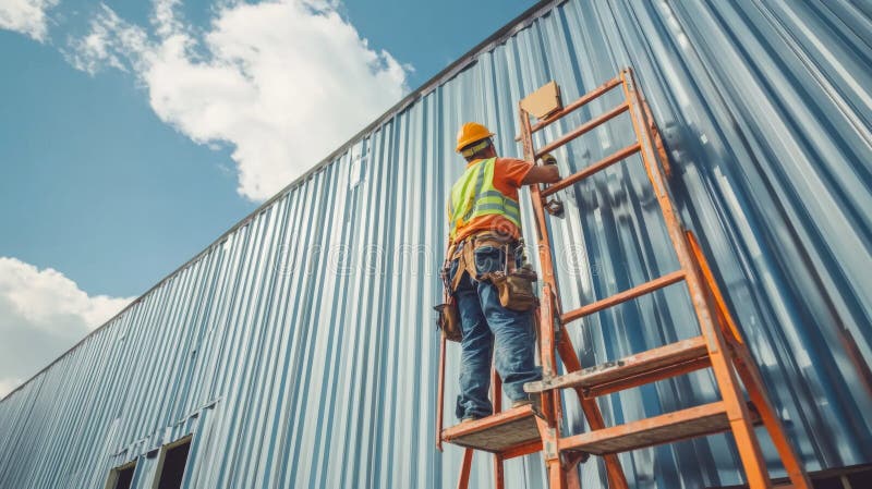Construction Worker on a Ladder Working on a Metal Building Stock ...