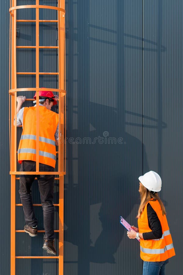 Construction Worker on Ladders Stock Photo - Image of business ...