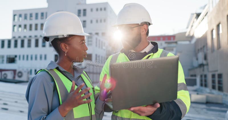 Construction Worker, Laptop and People with Talking and Teamwork on ...
