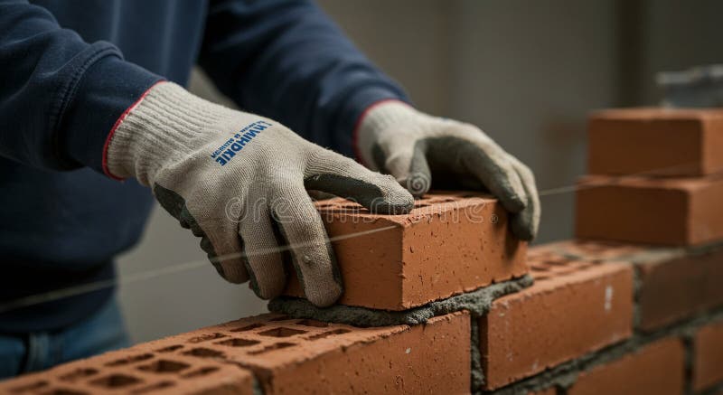 Laying a Brick on a Wall with Gloved Hands and Mortar, Using a String ...