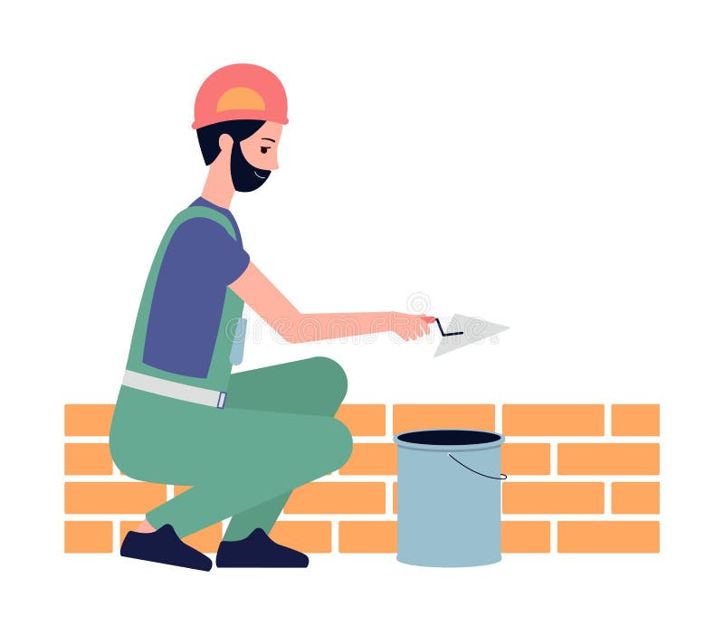 Construction Worker Laying Bricks - Cartoon Builder Man Bricklaying ...