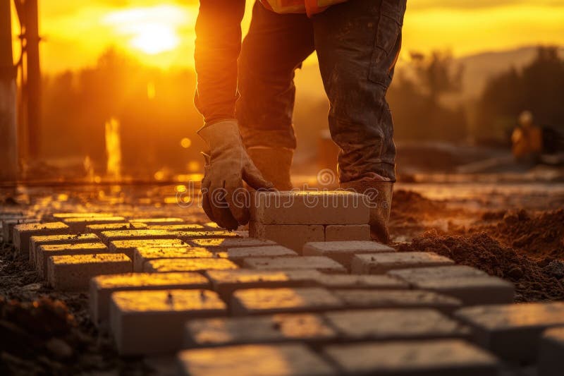 Construction Worker Laying Bricks during Sunset in a Rural Area Stock ...