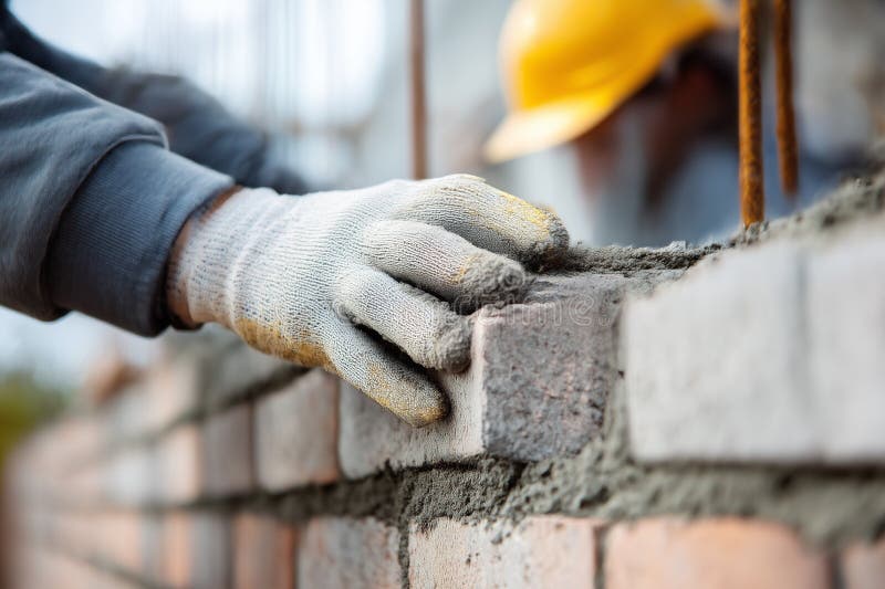 Construction Worker Laying Bricks on Wall.Mason at Work on Construction ...