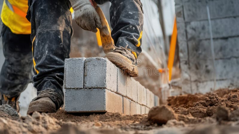 Construction Worker Laying Concrete Blocks for New Building Foundation ...