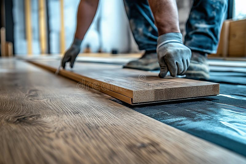 Construction Worker Laying Laminate Flooring on a New House Construction Site, Closeup Stock ...