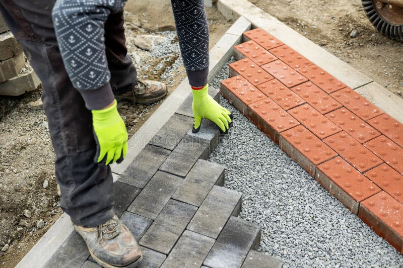 Construction Worker Laying Paving Stones Gravel New Pavement Path Stock ...