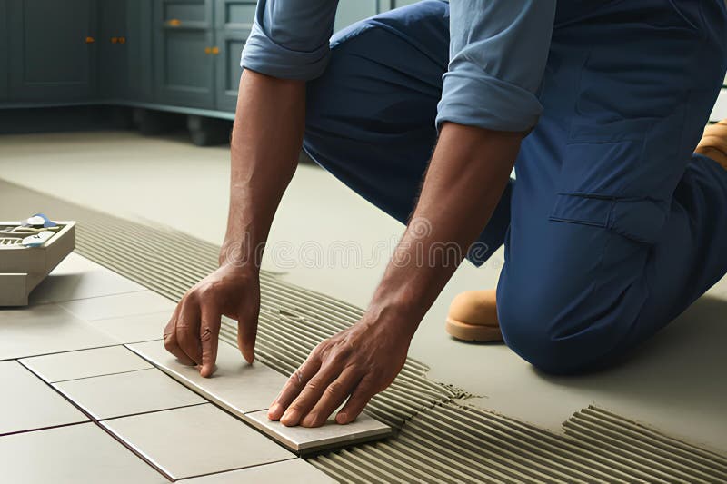 A Construction Worker Laying Tiles on a Floor, Close Up Stock ...