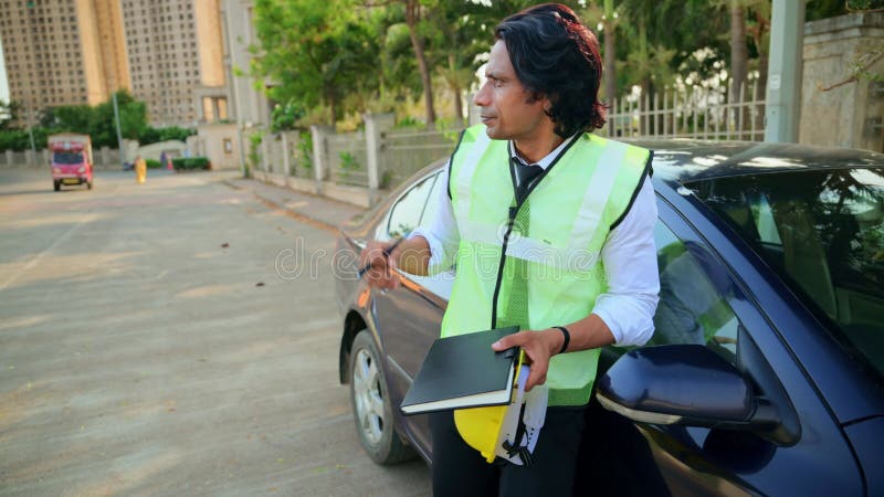 Construction Worker Leaning on Car Look Pensive Stock Footage - Video ...
