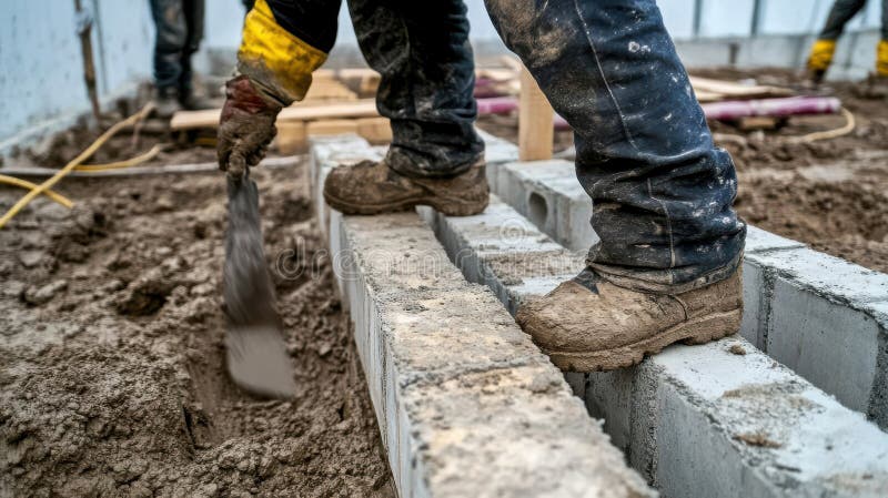 Construction Worker Leveling Concrete Blocks and Spreading Mortar with ...
