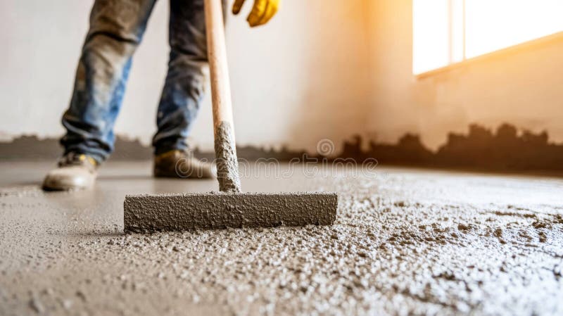 Construction Worker Leveling Wet Concrete Surface Using Screed ...
