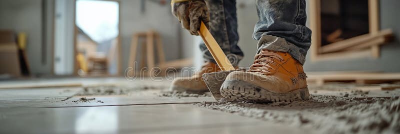 Construction Worker Levels Tile in a Modern Building Interior Stock ...