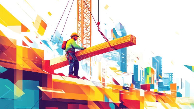Construction Worker Lifting Beam, Abstract Illustration of Urban ...