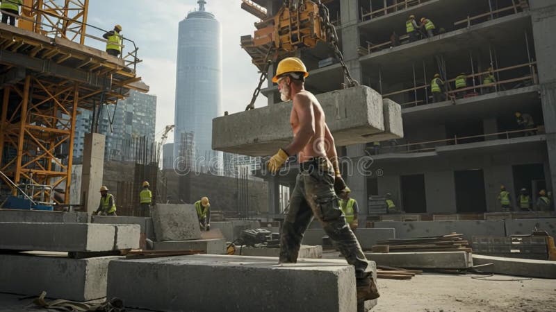 Construction Worker Lifting Concrete Blocks Stock Video - Video of ...