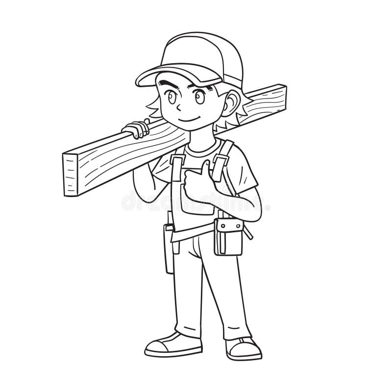 Construction Worker Lifting Log Coloring Stock Vector - Illustration of ...