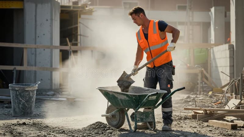 Construction Worker Loading Wheelbarrow Stock Video - Video of dust ...