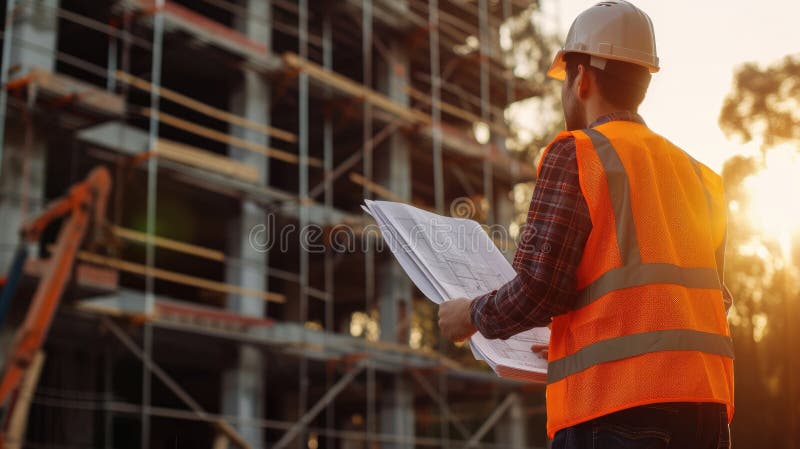 A Construction Worker is Looking at a Blueprint at a Construction Site ...