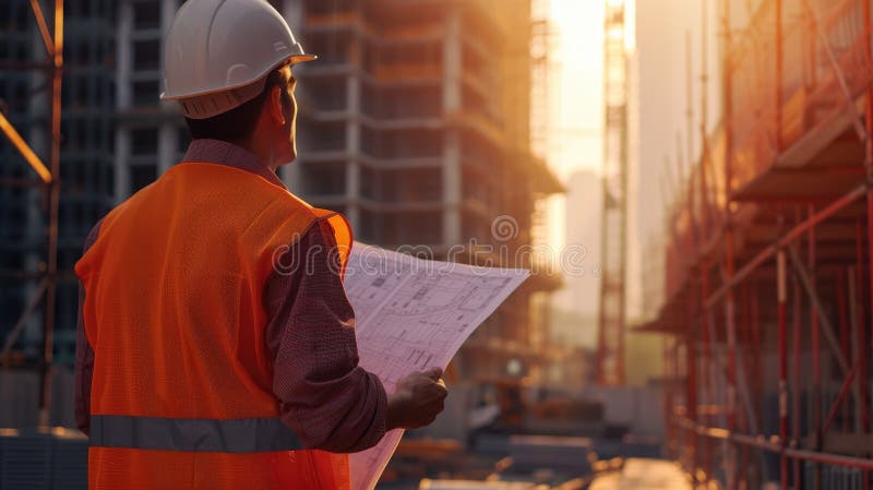 A Construction Worker is Looking at a Blueprint at a Construction Site ...