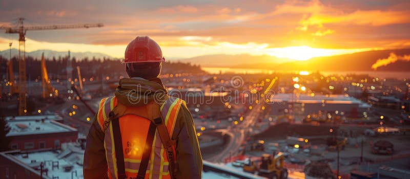 Construction Worker, Looking Out Over a Bustling Construction Site at ...