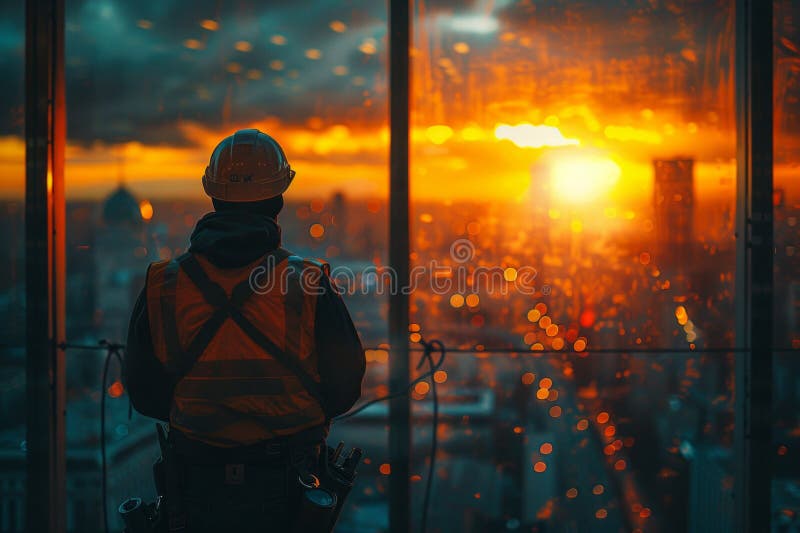 Construction Worker Looking Out Over the City at Sunset Stock Image ...