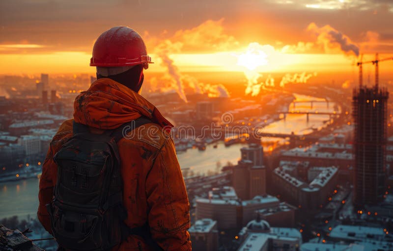 Construction Worker Looking at the Sunrise Over the City. Industrial ...