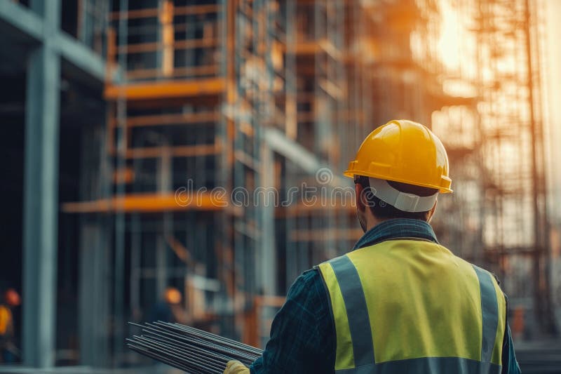 A Construction Worker Looks Over a Building Site at Sunset, Holding ...
